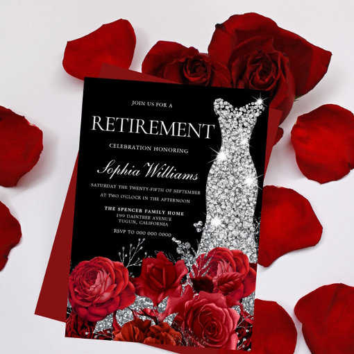 Silver Gown Red Roses Black Retirement Party Invitation | Zazzle