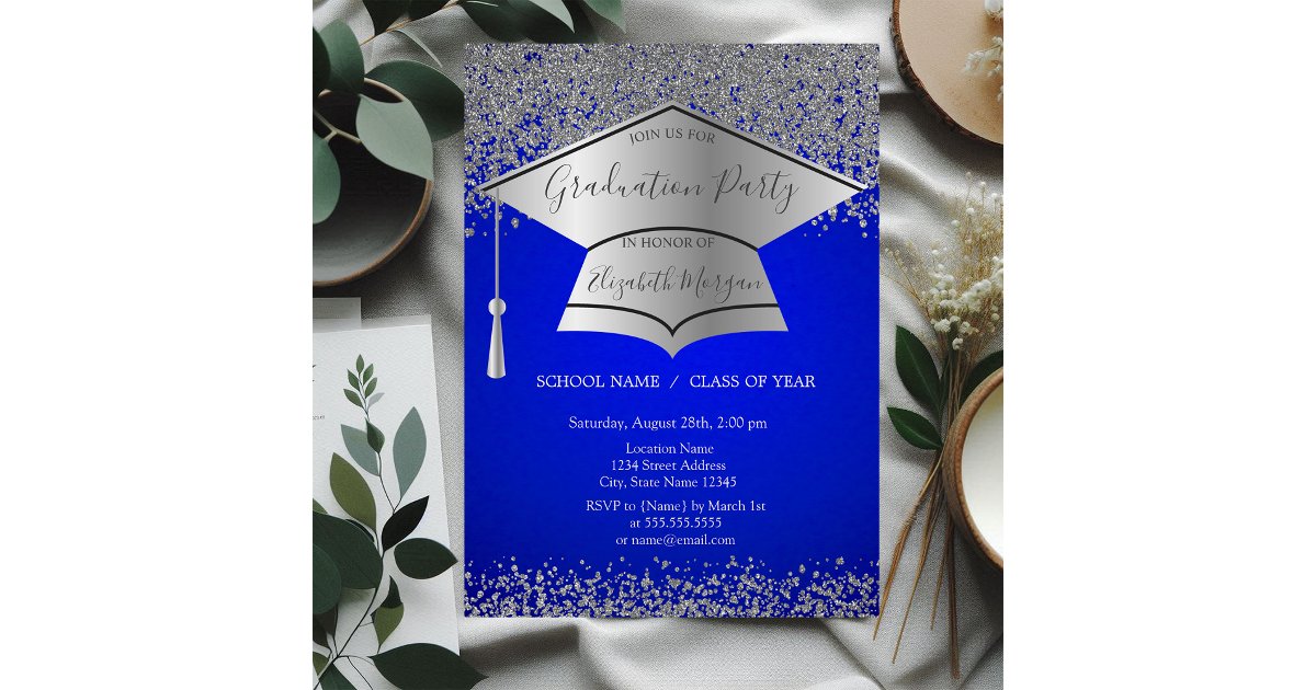 Silver Grad Cap,Diamonds Blue Graduation Party Invitation | Zazzle