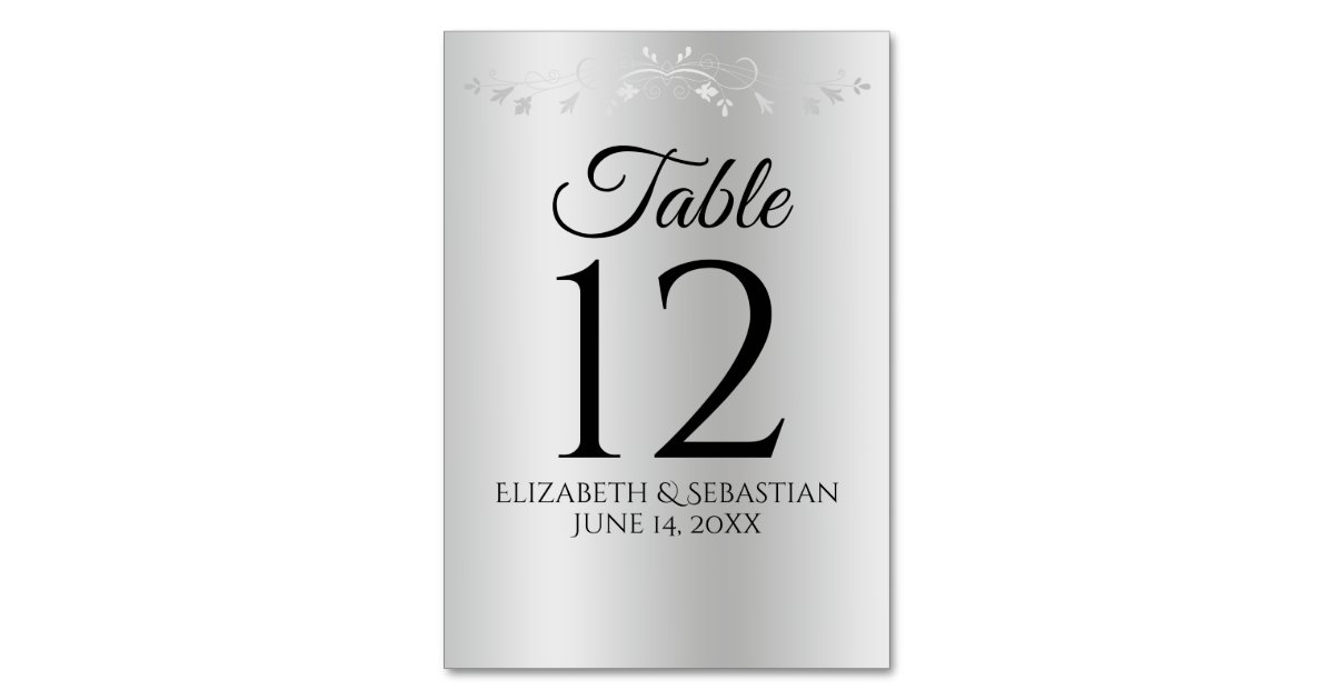 Silver Gradient Elegant Vintage Flourish Wedding Table Number | Zazzle