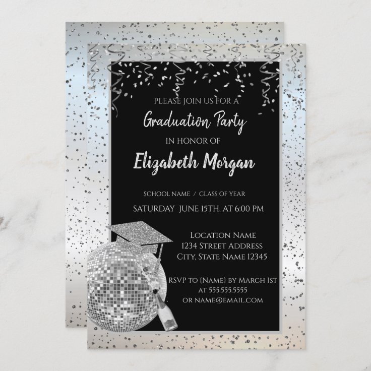 Silver Graduation Cap,Disco Ball Confetti, Wine Invitation | Zazzle