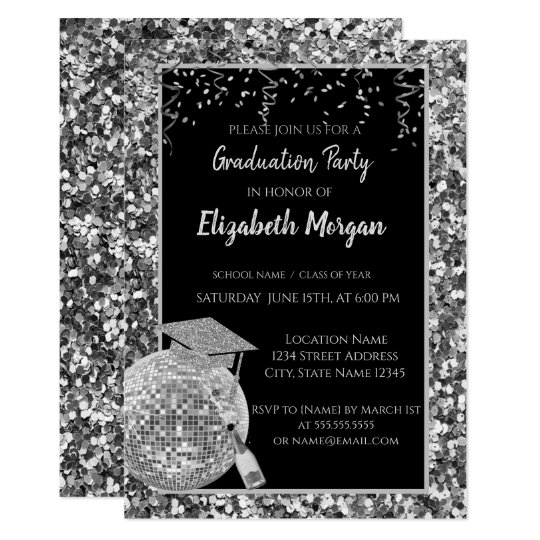 Silver Graduation Cap,Disco Ball,Wine,Sequins Invitation | Zazzle.com