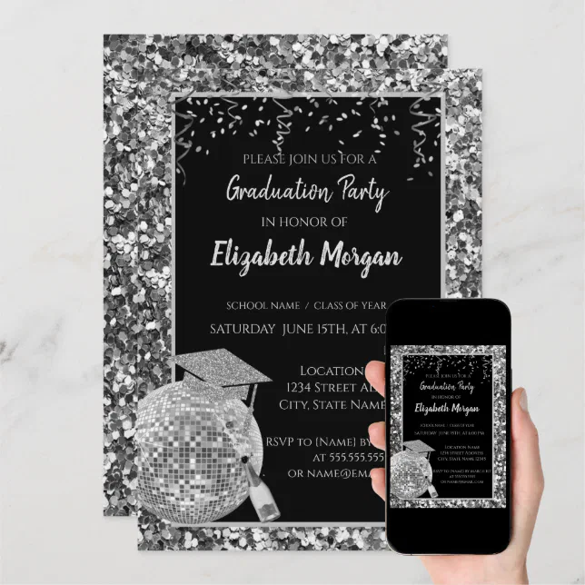 Silver Graduation Cap,Disco Ball,Wine,Sequins Invitation | Zazzle