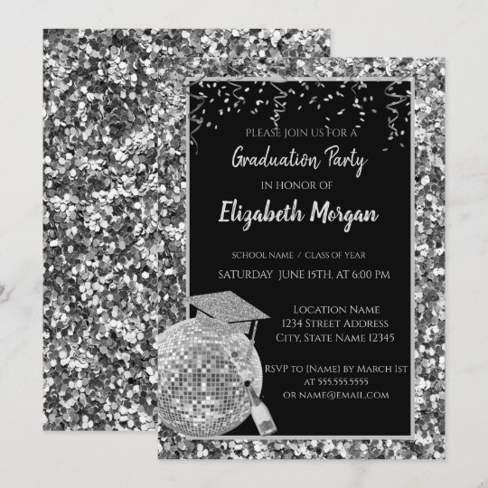 Silver Graduation Cap,Disco Ball,Wine,Sequins Invitation | Zazzle.com