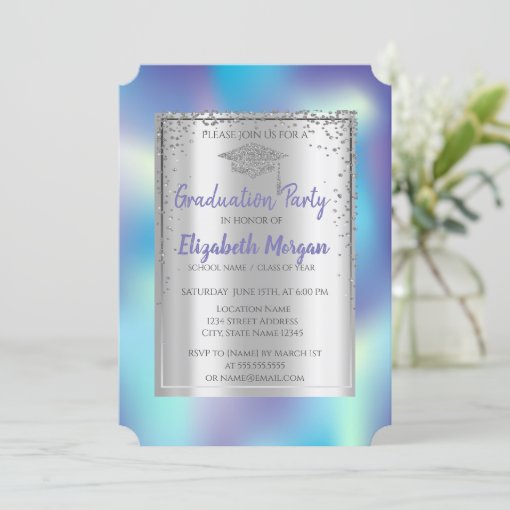 Silver Graduation Cap Holographic Graduation Invitation | Zazzle