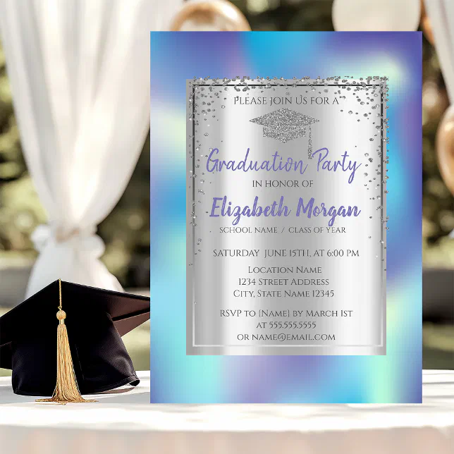 Silver Graduation Cap Holographic Graduation Invitation | Zazzle
