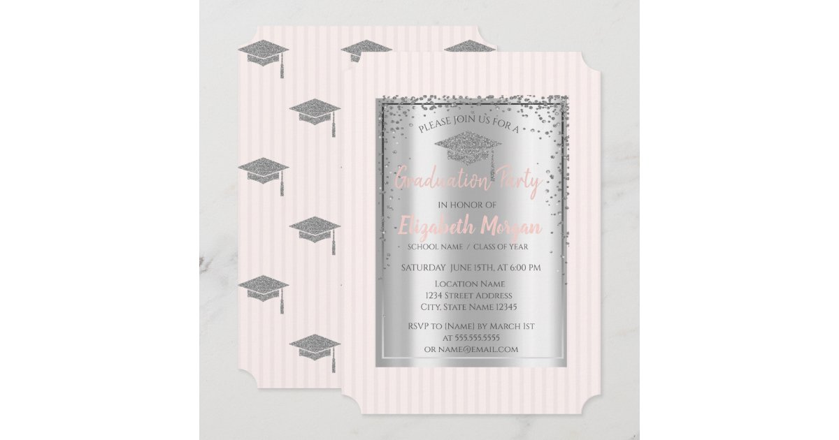 Silver Graduation Cap Striped Graduation Invitation | Zazzle