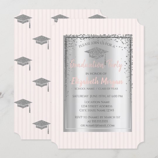 Silver Graduation Cap Striped Graduation Invitation | Zazzle.com