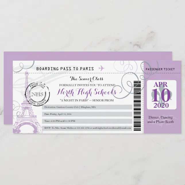 Silver Gray and Purple Night in Paris School Prom Invitation | Zazzle