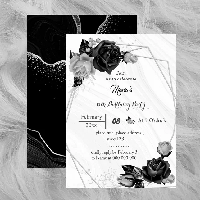 silver gray & black flowers geometric birthday invitation | Zazzle