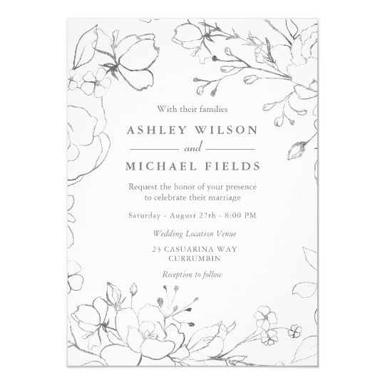 Silver Gray Floral Modern Elegant Wedding Invitation | Zazzle.com