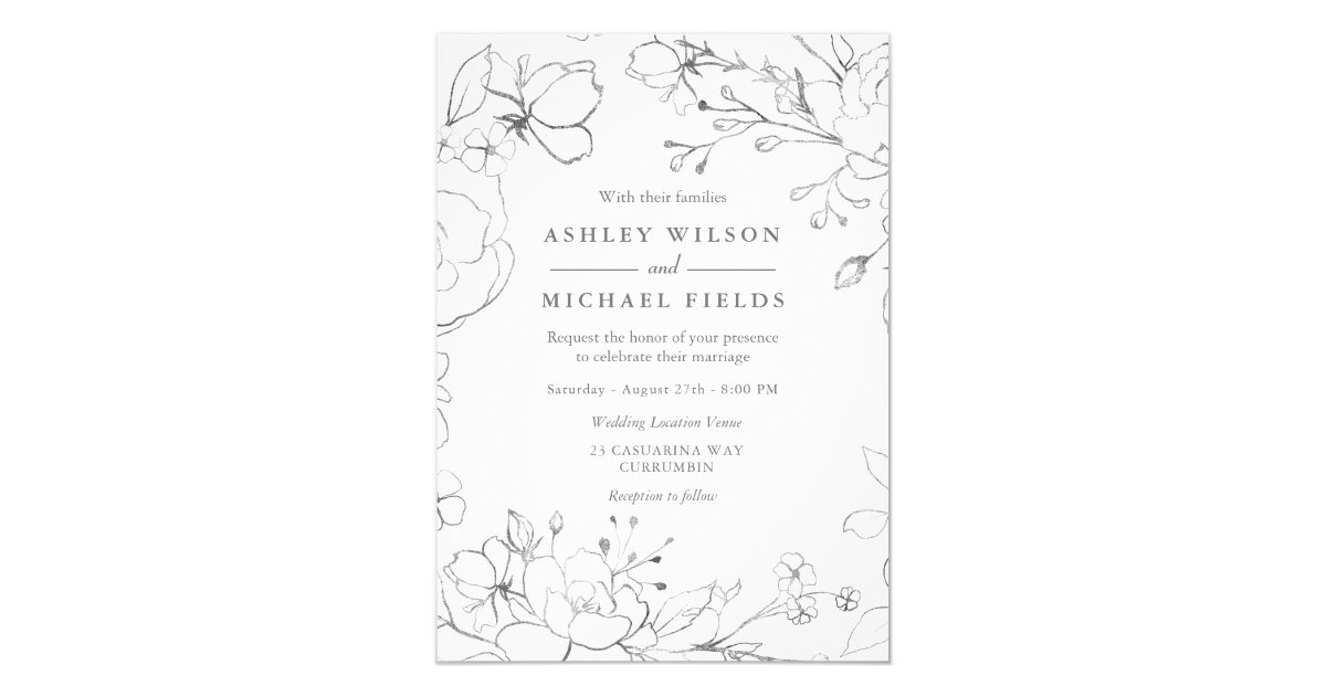 Silver Gray Floral Modern Elegant Wedding Invitation | Zazzle.com
