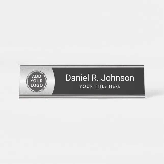 Silver gray gradient custom logo modern black Desk Name Plate | Zazzle