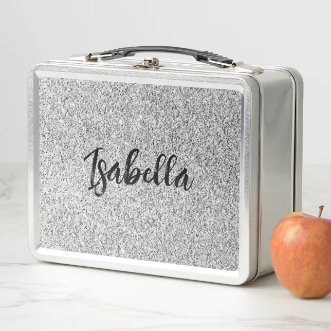 Silver gray light glitter sparkles Custom name Metal Lunch Box | Zazzle