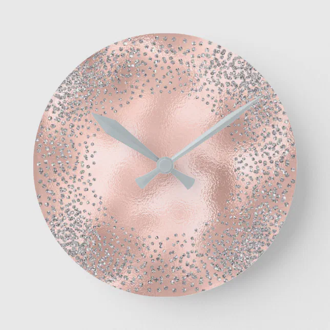 Silver Gray Metallic Confetti Glitter Blush Pink Round Clock | Zazzle