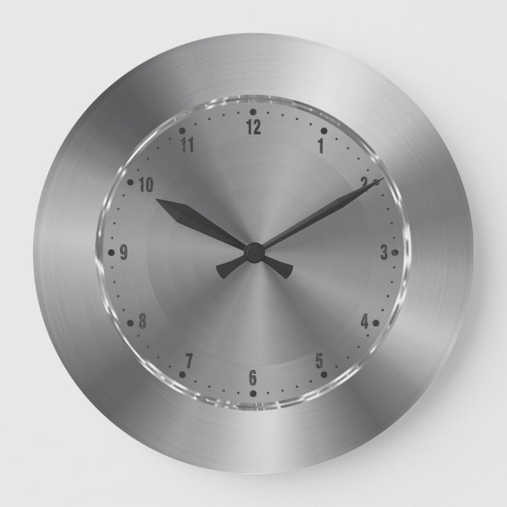 Silver Gray Metallic Design Stainless-Steel Look Large Clock | Zazzle