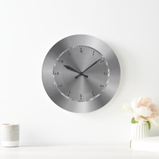 Silver Gray Metallic Design Stainless-Steel Look Large Clock | Zazzle