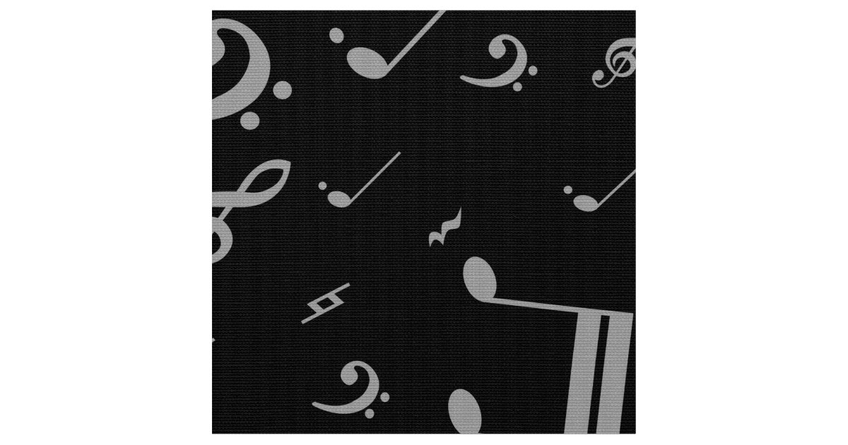 Silver Gray Musical Notes on Black Fabric | Zazzle
