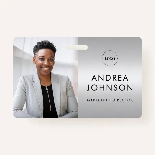 Silver Gray Photo ID Card with Custom Logo & Text Badge | Zazzle
