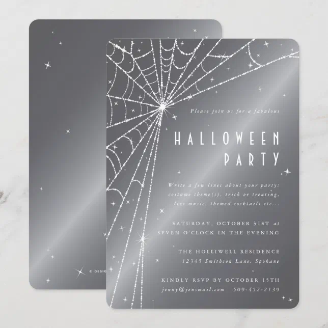 Silver-Gray Sparkling Spider Web Halloween Party Invitation | Zazzle