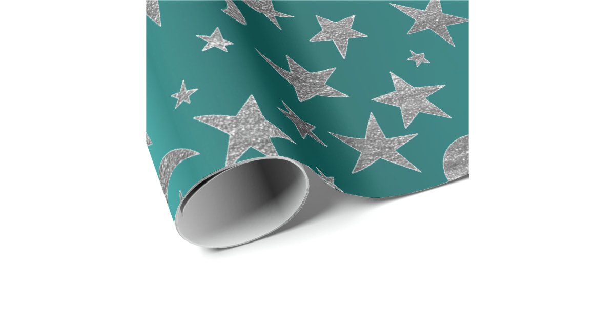 Silver Gray Stars Moon Sky Metallic Greenly Teal Wrapping Paper | Zazzle