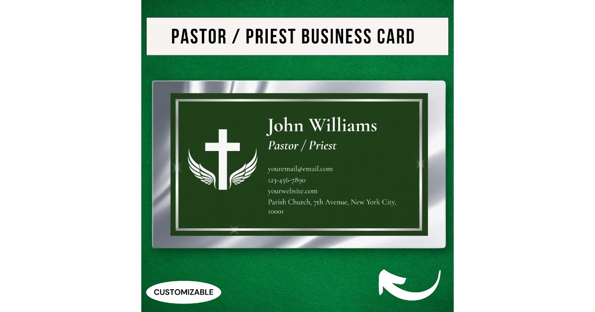 Silver Green Church Pastor Priest Business Card | Zazzle
