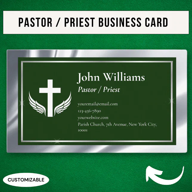Silver Green Church Pastor Priest Business Card | Zazzle