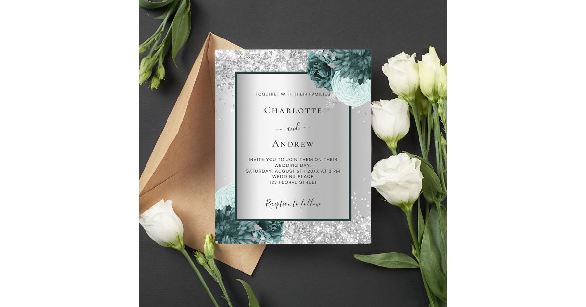 Silver green floral wedding invitation | Zazzle