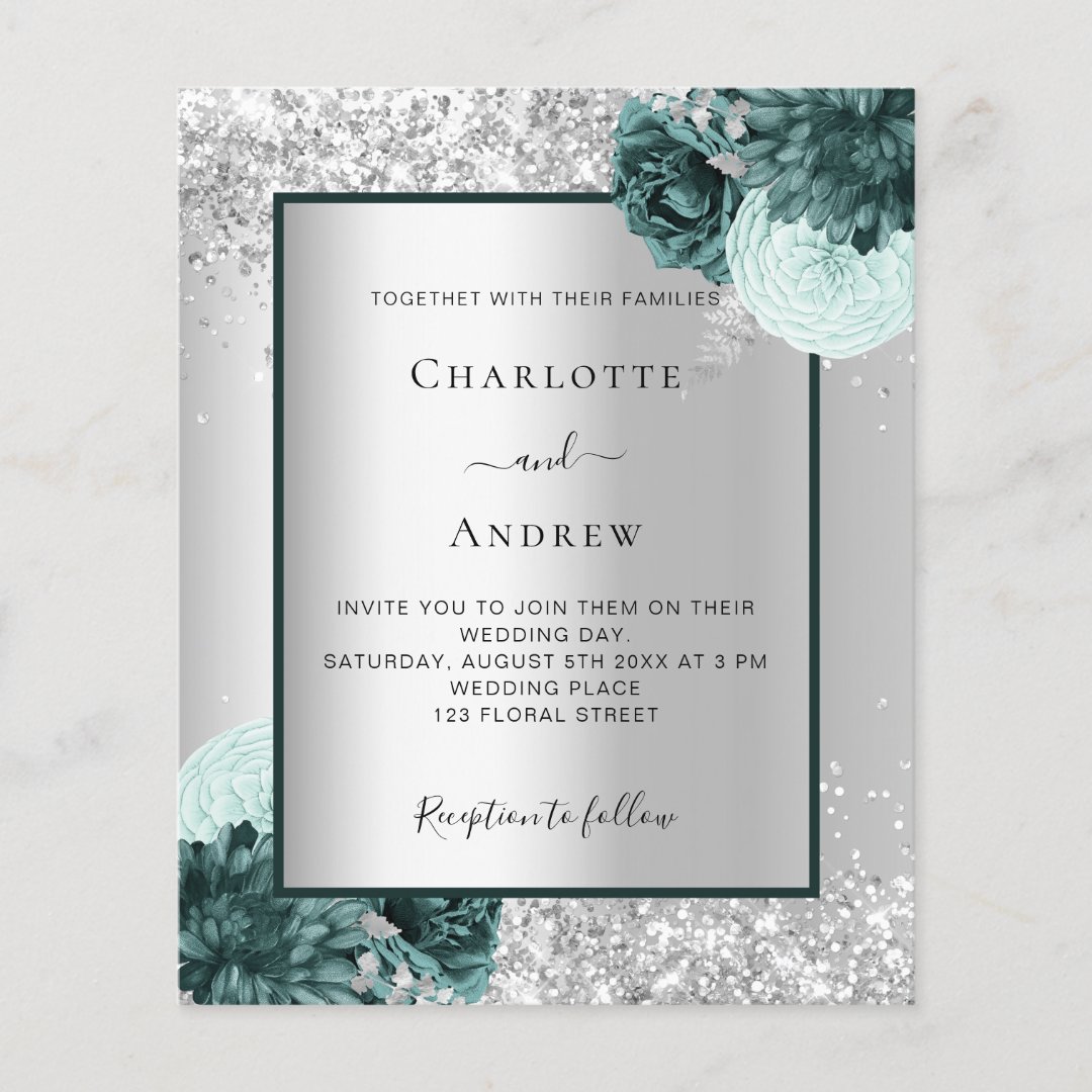 Silver green floral wedding invitation | Zazzle