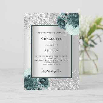 Silver green floral wedding invitation | Zazzle