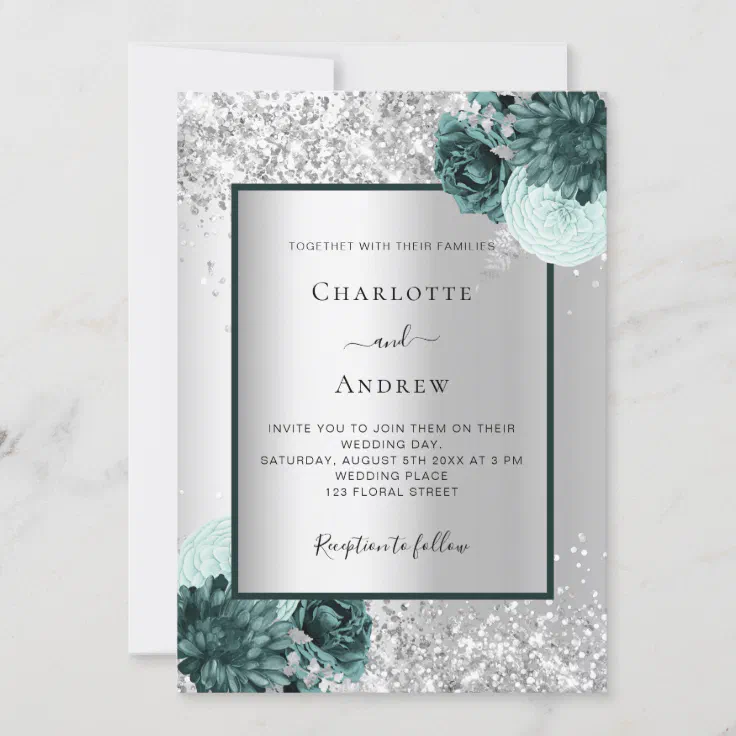 Silver green floral wedding invitation | Zazzle