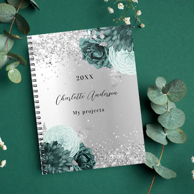Silver green florals elegant glamorous notebook | Zazzle