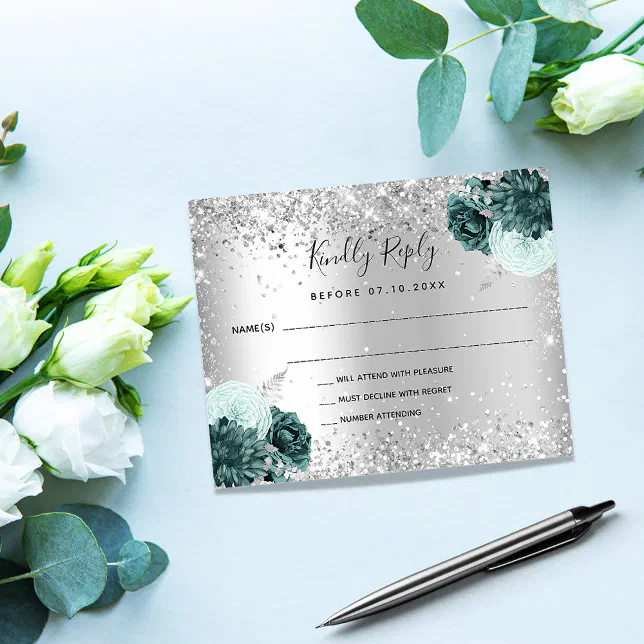 Silver green florals glitter budget wedding RSVP Flyer | Zazzle