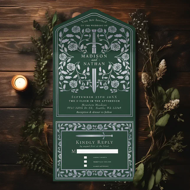 Silver Green Royal Medieval Sword Wedding All In One Invitation | Zazzle