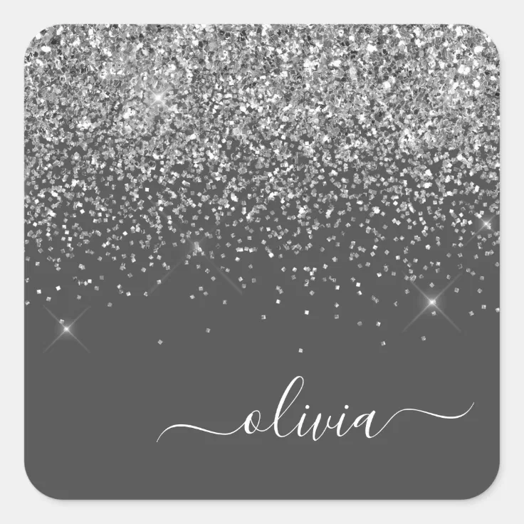 Silver Grey Girly Glitter Sparkle Monogram Name Square Sticker | Zazzle