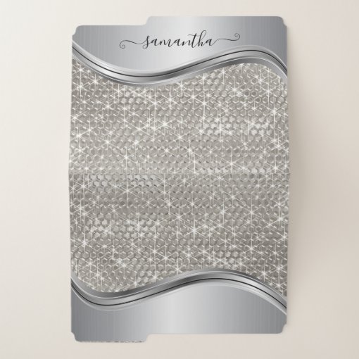 Silver Grey Metallic Handwritten name Glitter File Folder | Zazzle