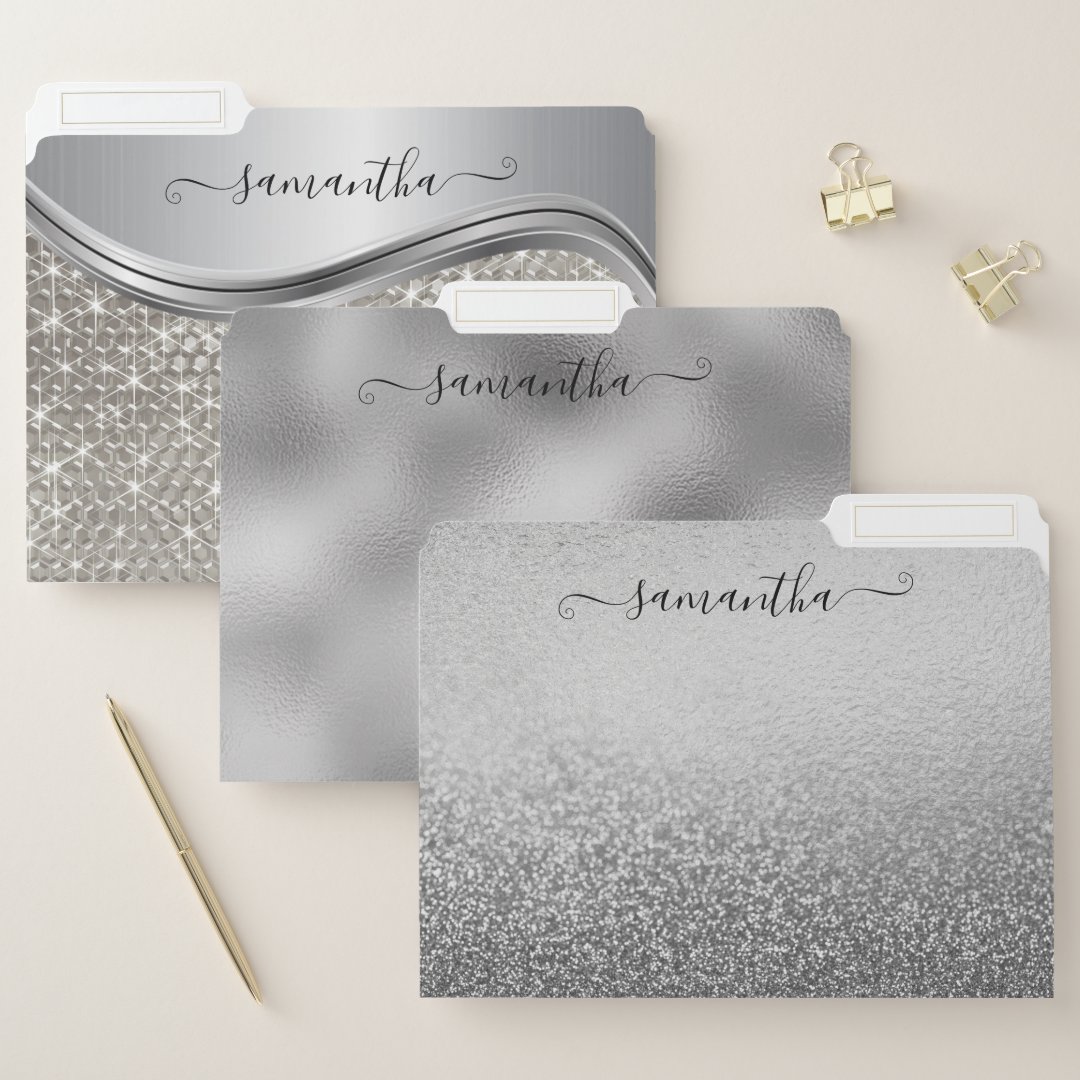 Silver Grey Metallic Handwritten name Glitter File Folder | Zazzle