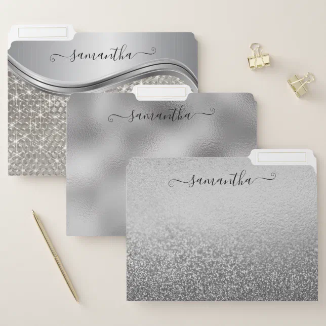 Silver Grey Metallic Handwritten name Glitter File Folder | Zazzle