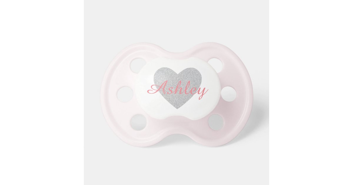 Silver heart personalized name Pacifier | Zazzle
