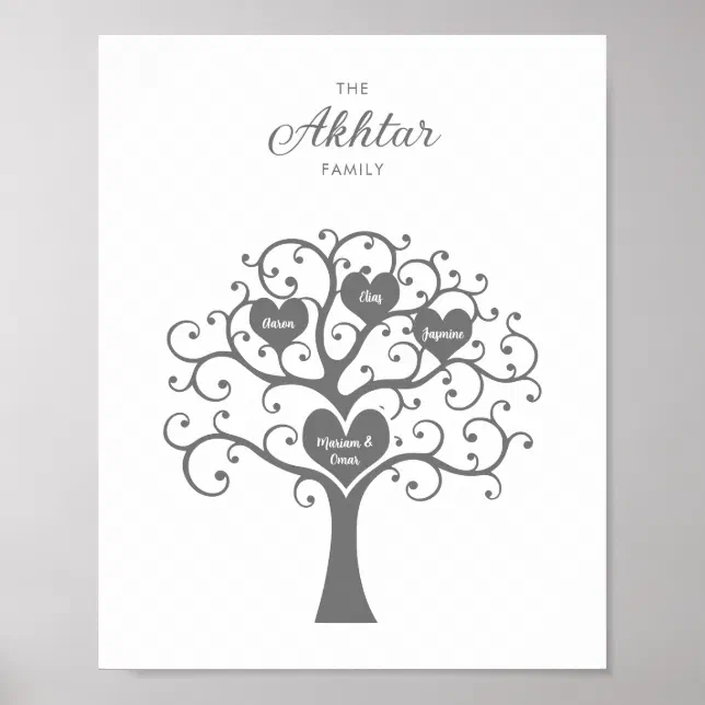 Silver Hearts Family Tree Poster | Zazzle