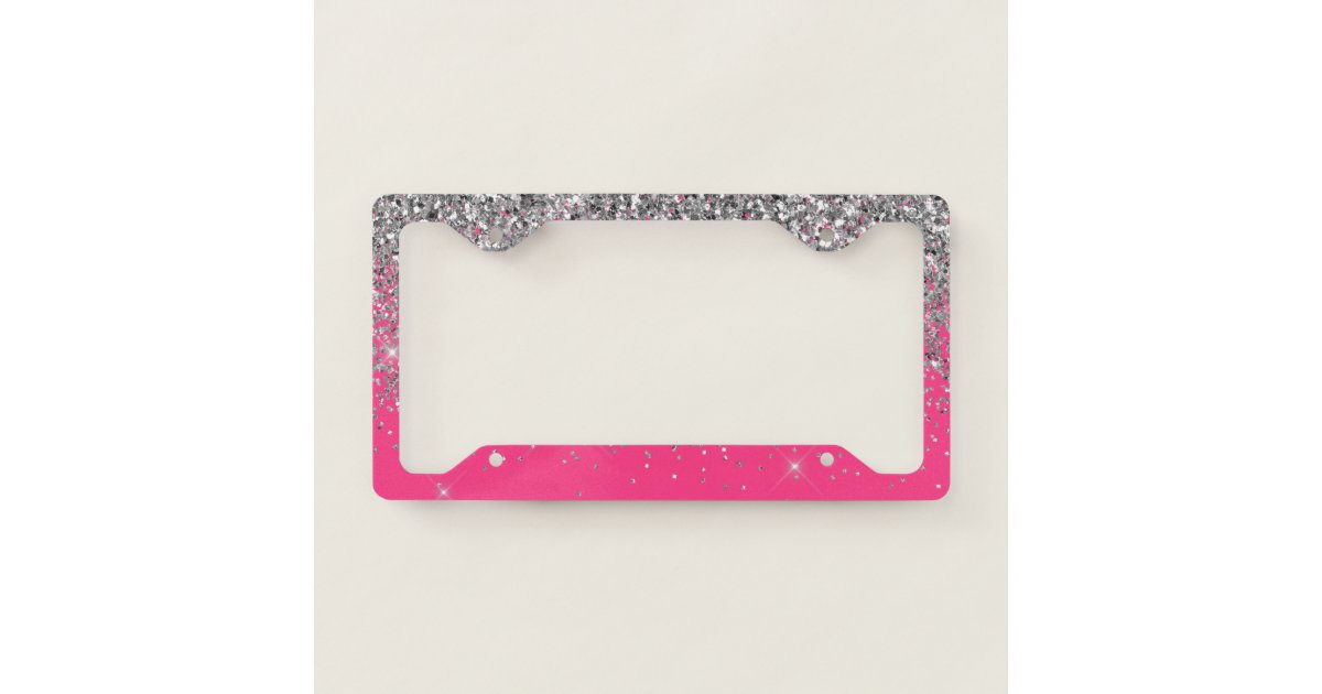 Silver Hot Pink Glitter and Sparkle Monogram License Plate Frame | Zazzle