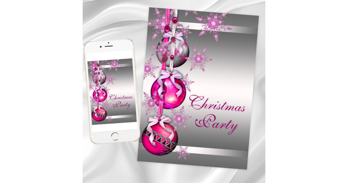 Silver Hot Pink Snowflakes Christmas Party Invitation | Zazzle