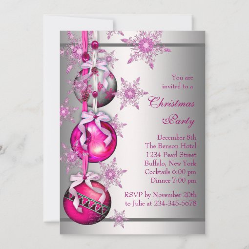Silver Hot Pink Snowflakes Christmas Party Invitation | Zazzle