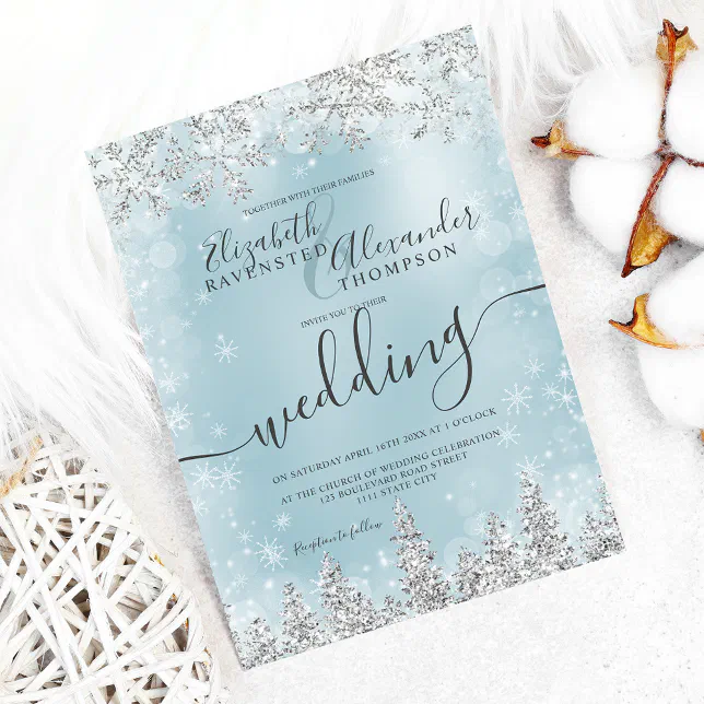 Silver ice blue snow pine Christmas winter wedding Invitation | Zazzle