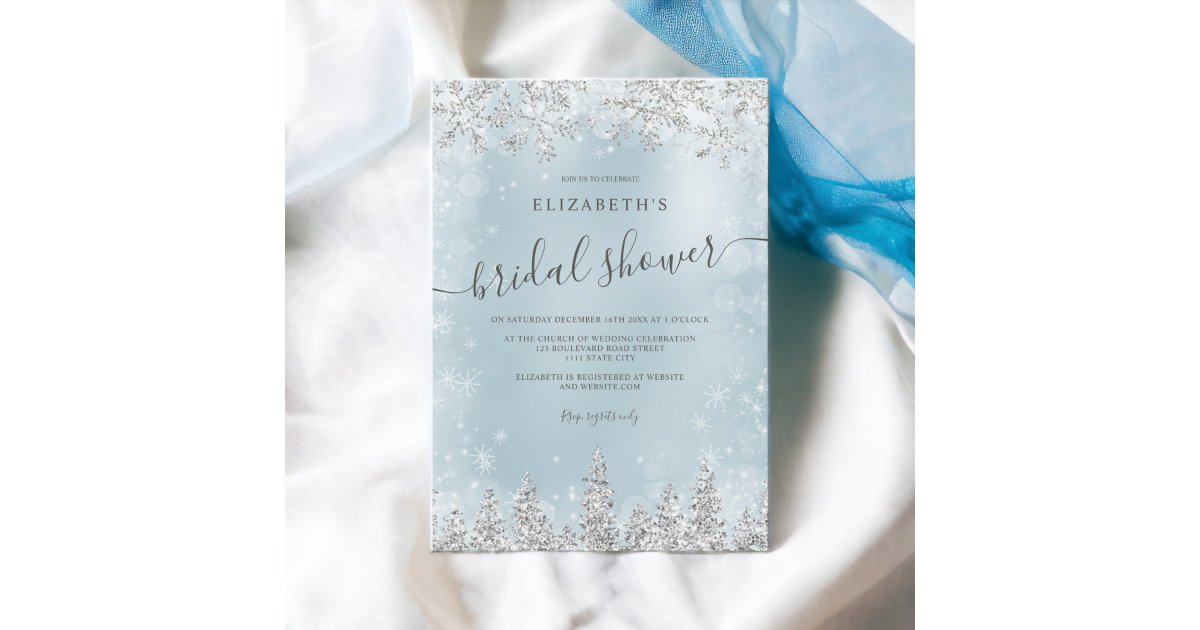 Silver ice blue snow pine winter bridal shower invitation | Zazzle
