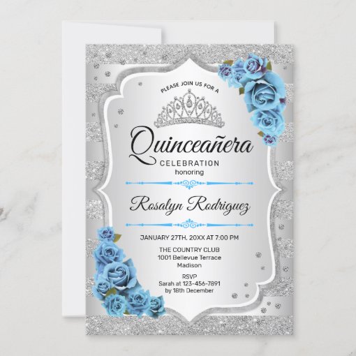 Silver Icy Blue Turquoise Quinceanera Invitation | Zazzle