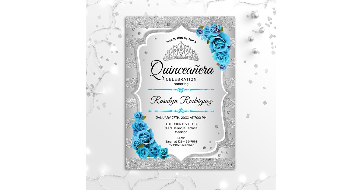 Silver Icy Blue Turquoise Quinceanera Invitation | Zazzle