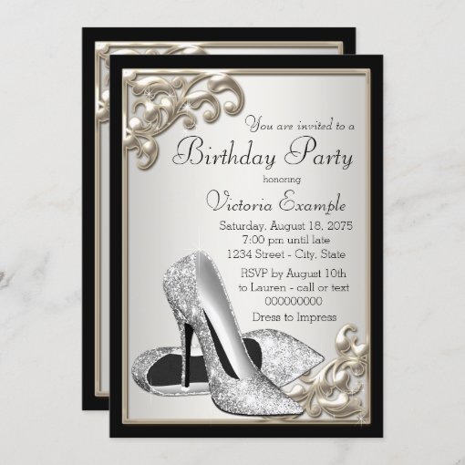 Silver Ivory Black Birthday Party Invitation | Zazzle