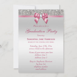Silver Jewels Pink Bow Girls Graduation Party Invitation | Zazzle