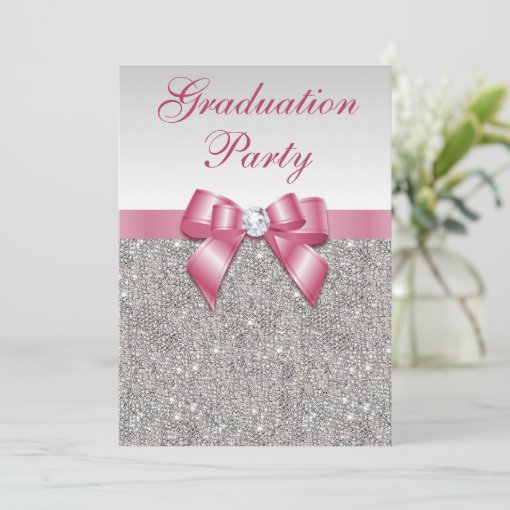 Silver Jewels Pink Bow Girls Graduation Party Invitation | Zazzle