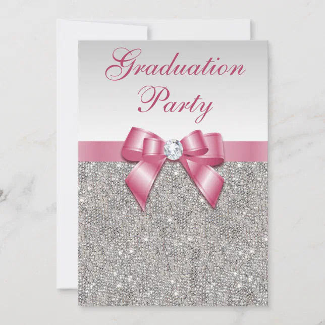 Silver Jewels Pink Bow Girls Graduation Party Invitation | Zazzle